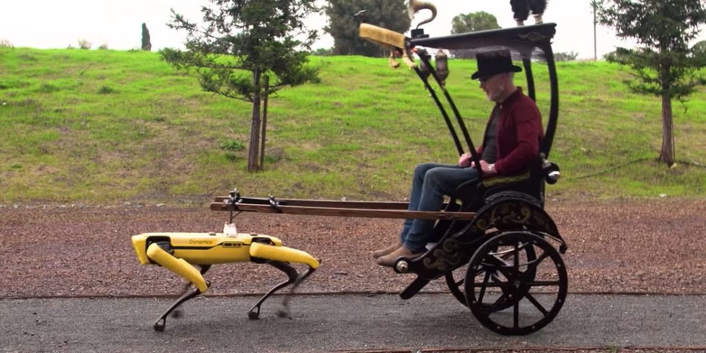 Watch Spot quadruped robot pull Adam Savage in rickshaw